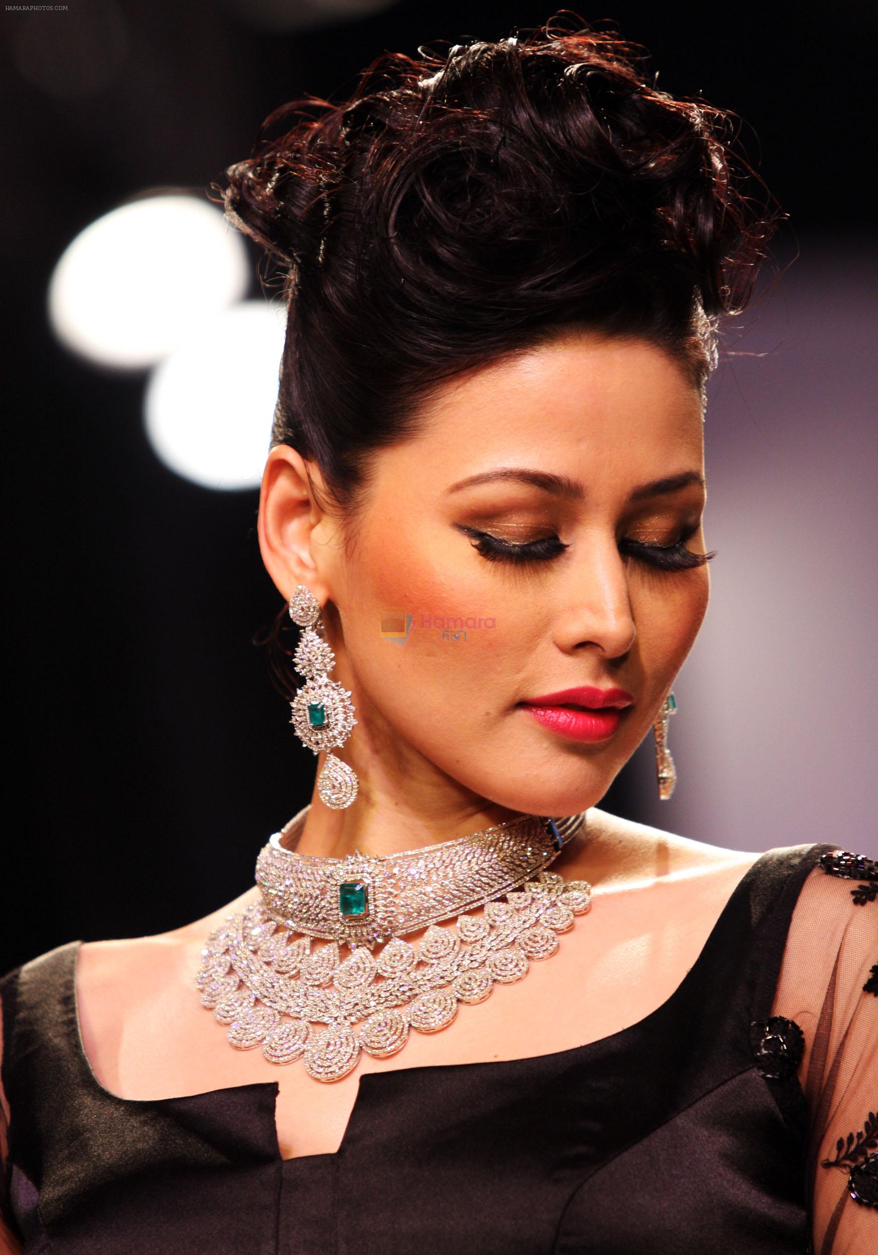 Model Shruti Agarwal mesmirised by Designer Moni Agarwal's Diamond Emerald creation at IIJW 2013 ...